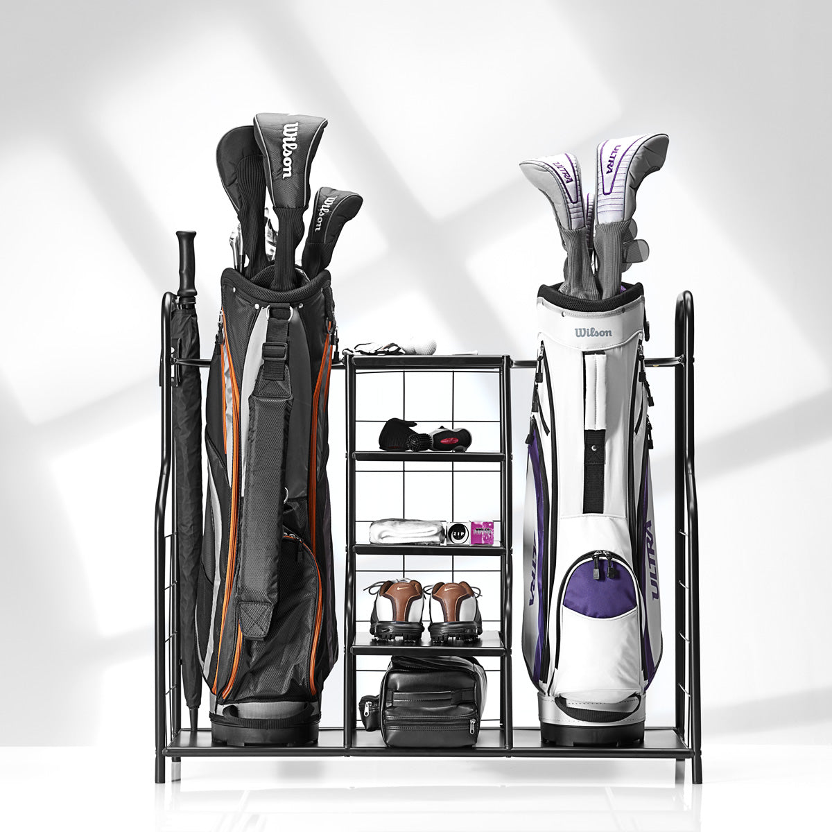 Golf Club Organizer | Dual Bag Metal Storage Rack | Sharper Image